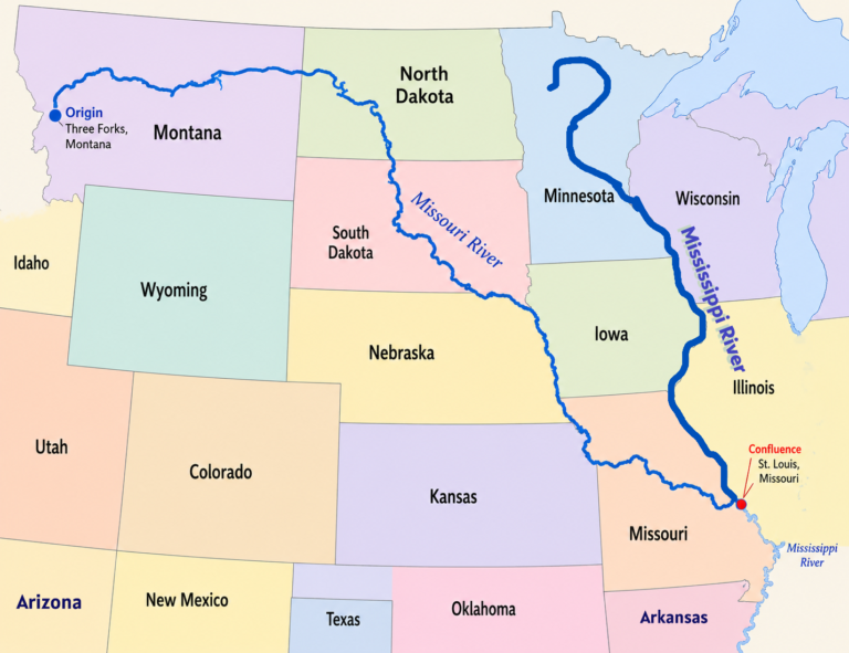 Missouri River: Map, Origin, Course, Mouth, Basin, Tributaries, Dams ...